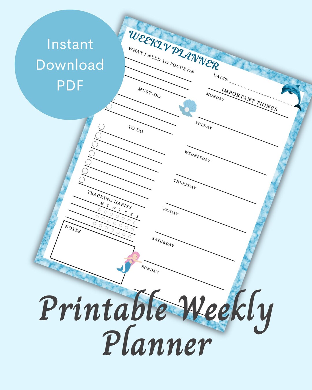 Printable Weekly Planner, Under the Sea Theme, Instant Download PDF - Etsy