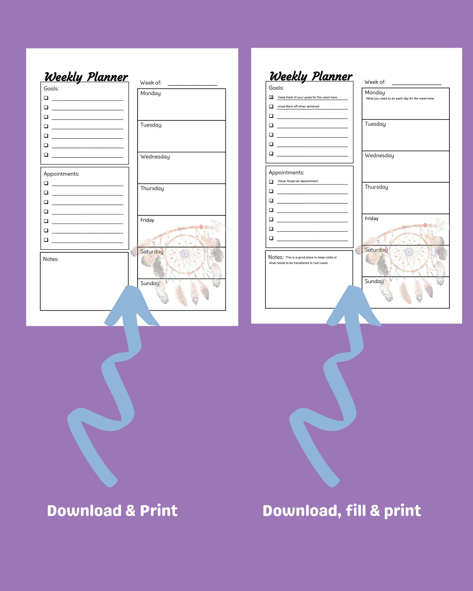 Printable Weekly Planner, Printable and Fillable, Instant Download PDF ...