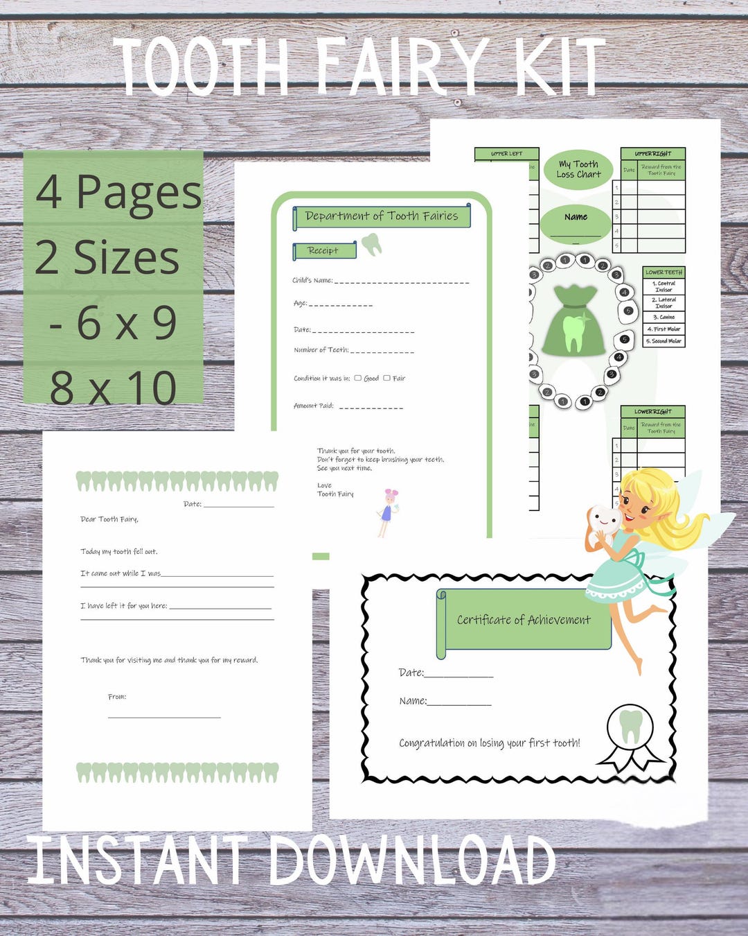 Printable Tooth Fairy Pack, Green Theme, Instant Download PDF - Etsy
