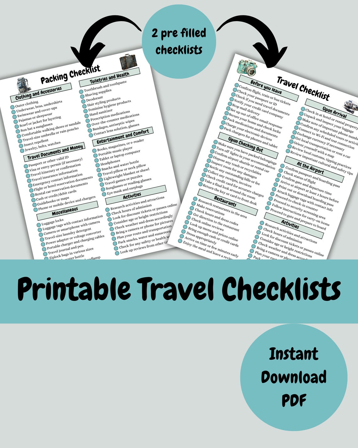 Printable Travel Checklist, Packing List, Prefilled and Blank, Holiday ...
