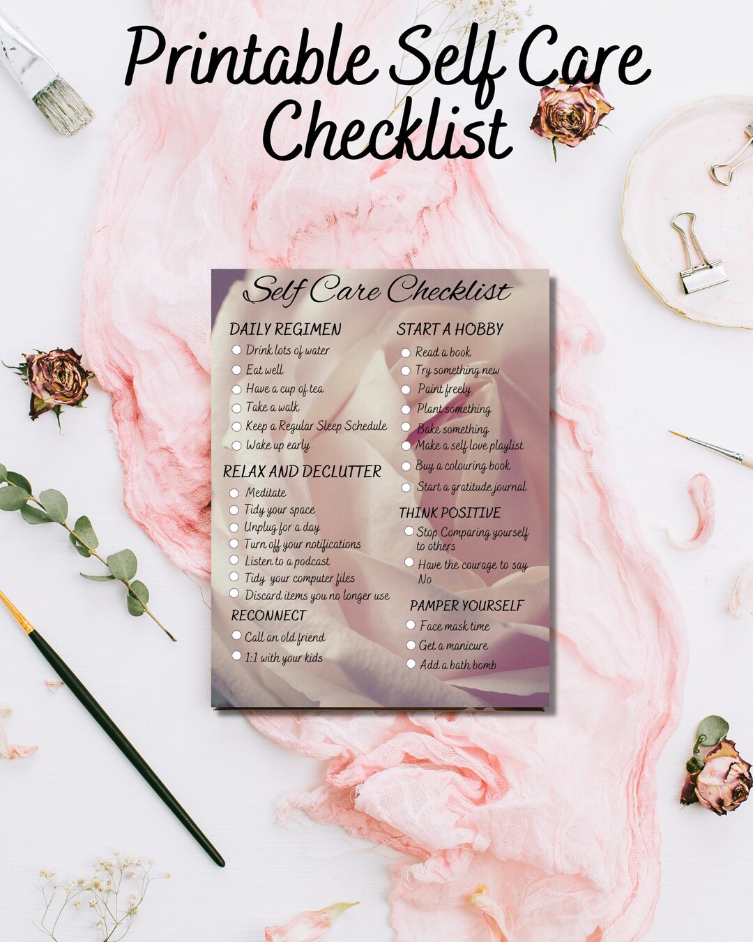 Printable Self Care Checklist, One Page Planner, Instant Download PDF ...
