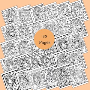 Printable Stained Glass Lions Tigers Coloring Pages, Instant Download ...