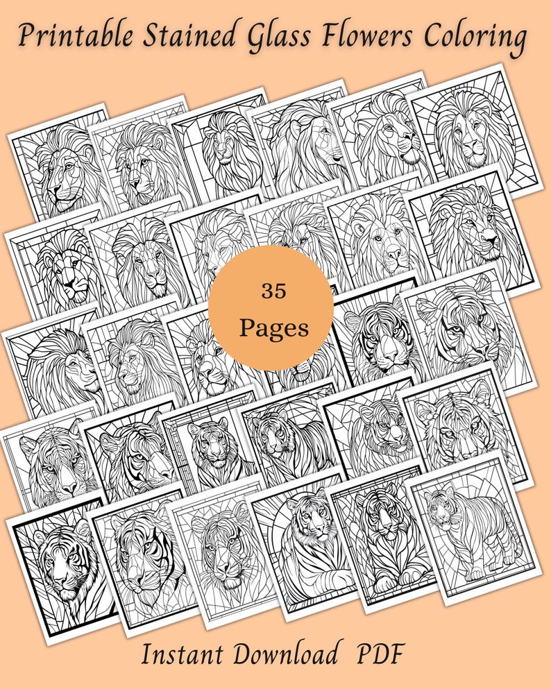 Printable Stained Glass Lions Tigers Coloring Pages, Instant Download ...