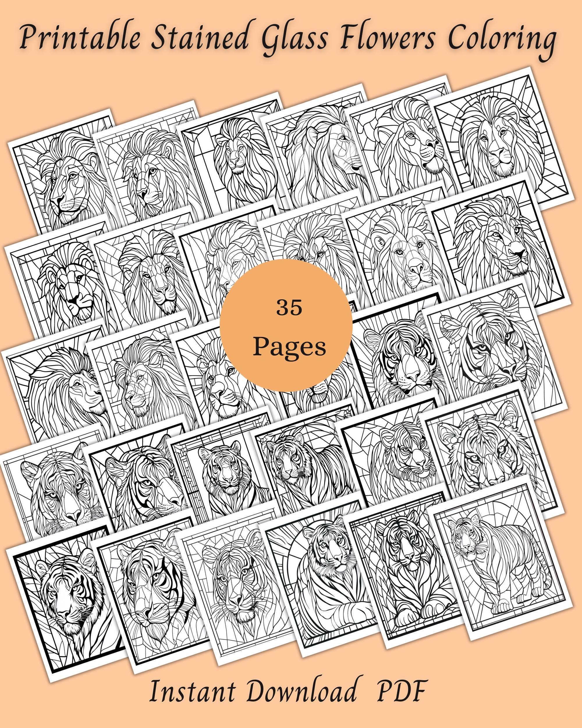 Printable Stained Glass Lions Tigers Coloring Pages, Instant Download ...