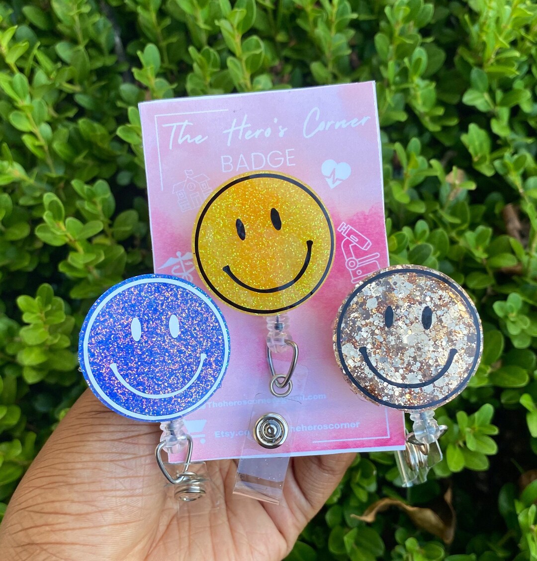 Smiley Face Badge Reel / Glitter Smiley / Smiley Face / Custom H Go ...