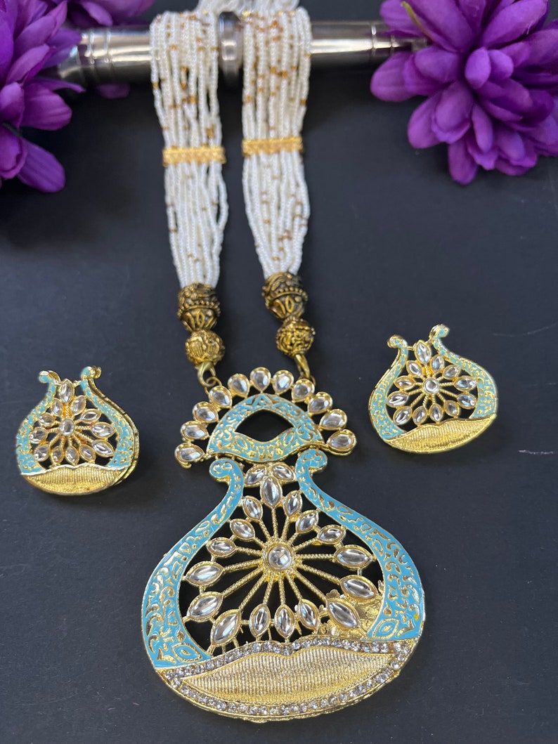 Designer Meenakari Bridal Long Rani Haar Necklace Set White Pearls ...