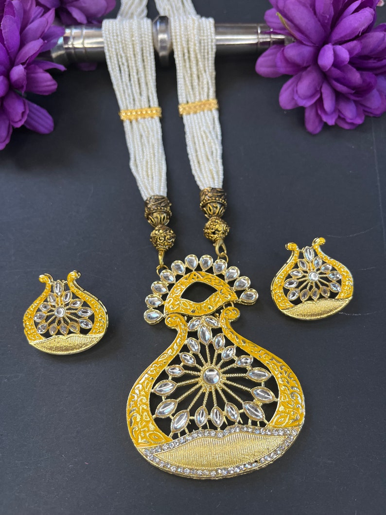 Designer Meenakari Bridal Long Rani Haar Necklace Set White Pearls ...