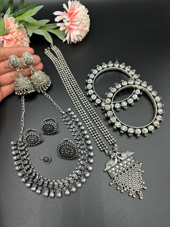 Revajewellery Designer Silver Oxidized Jewellery Combo Set Long Necklace Choker Earrings Nose Pin Kada Bracelet Finger Ring Teo Rings Jewelry