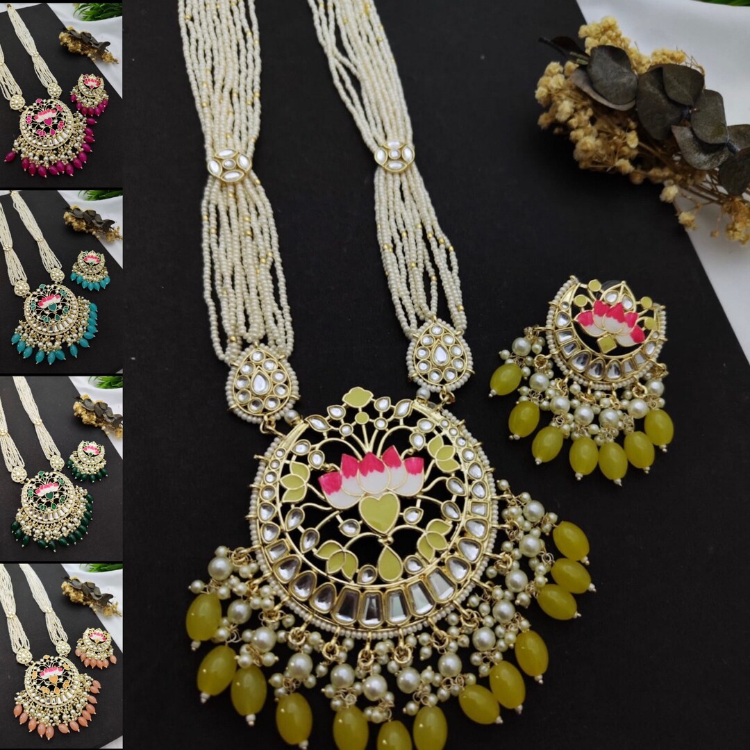 Designer Meenakari Bridal Long Rani Haar Necklace Set Earrings Gold ...