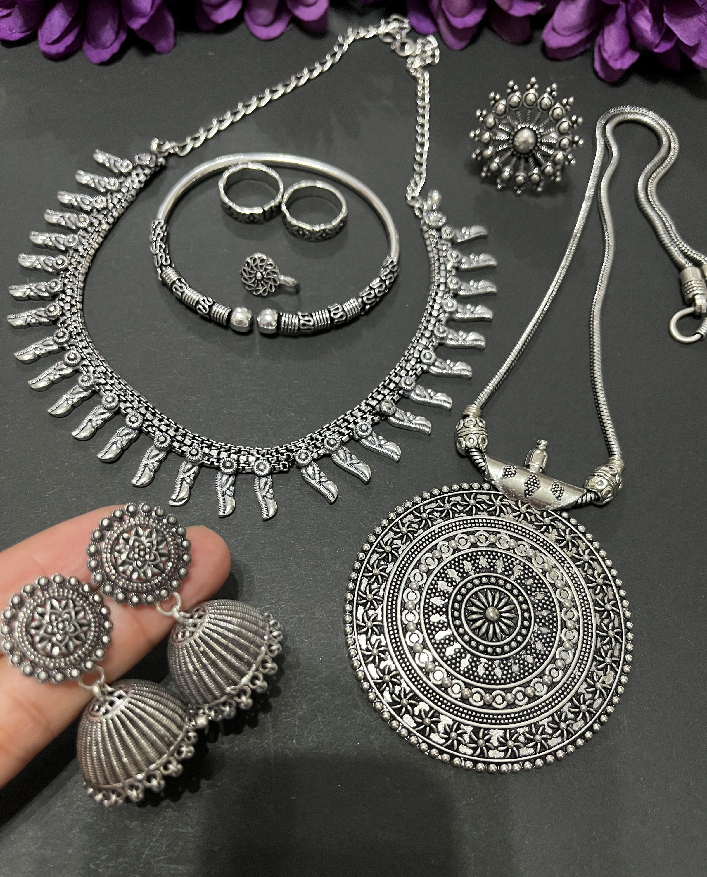 Designer Silver Oxidized Jewellery Combo Set Long Necklace/choker ...