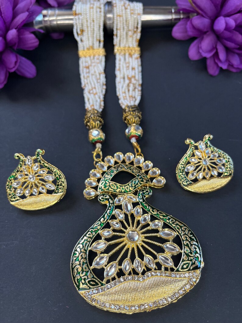 Designer Meenakari Bridal Long Rani Haar Necklace Set White Pearls ...