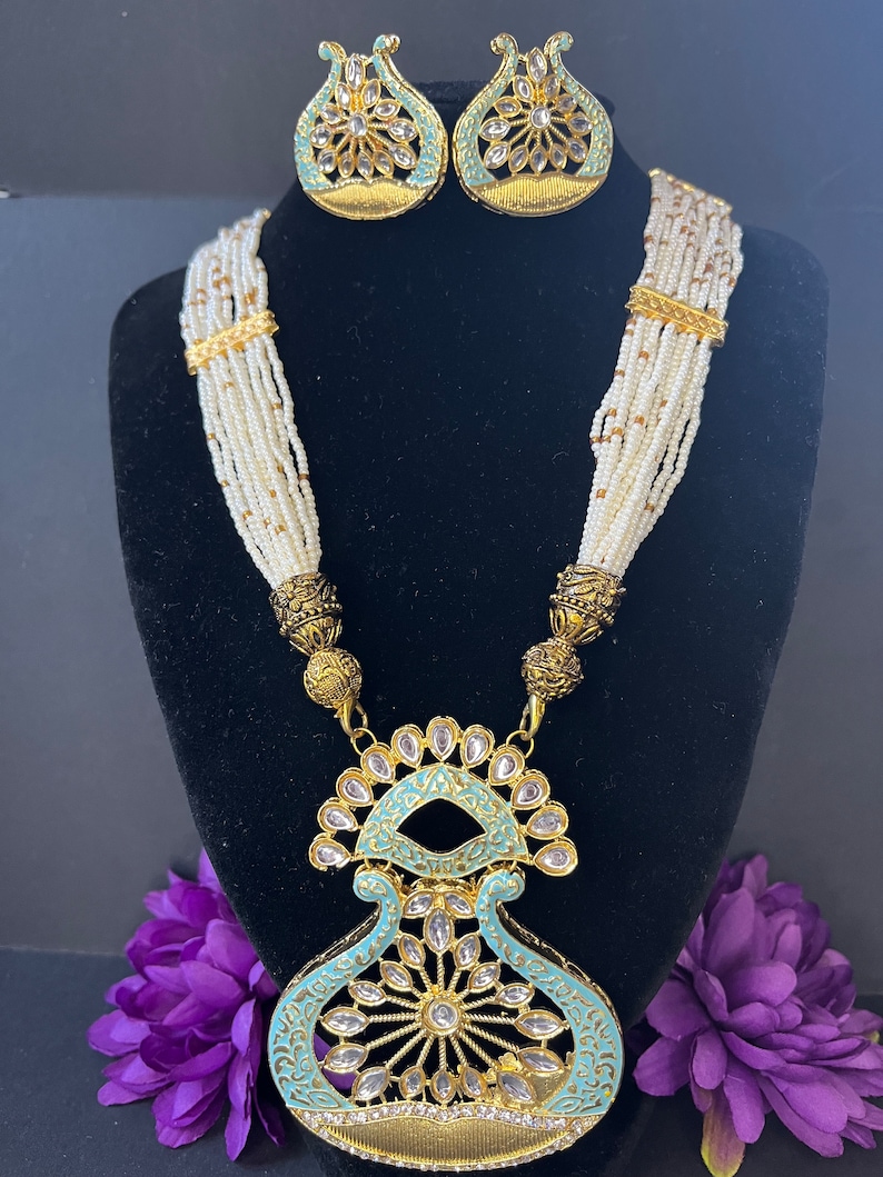 Designer Meenakari Bridal Long Rani Haar Necklace Set White Pearls ...