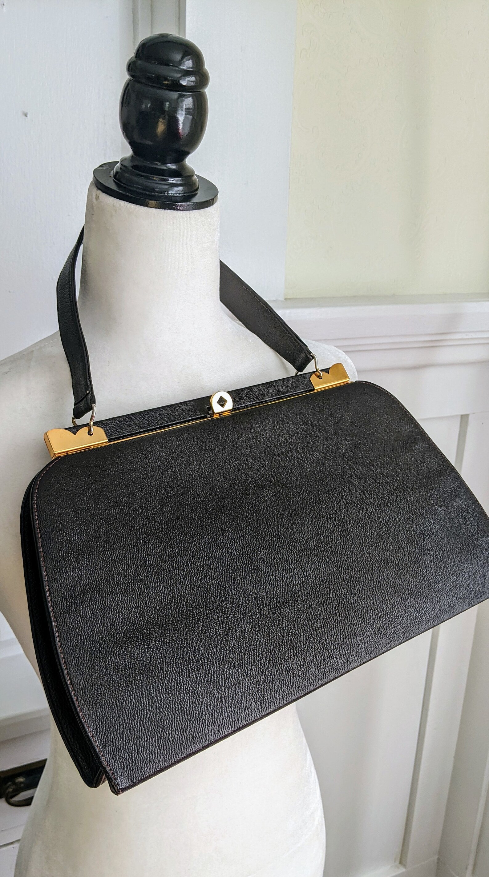 Large Vintage Mid Century Structured Bag, 60's Classic Vintage Leather ...