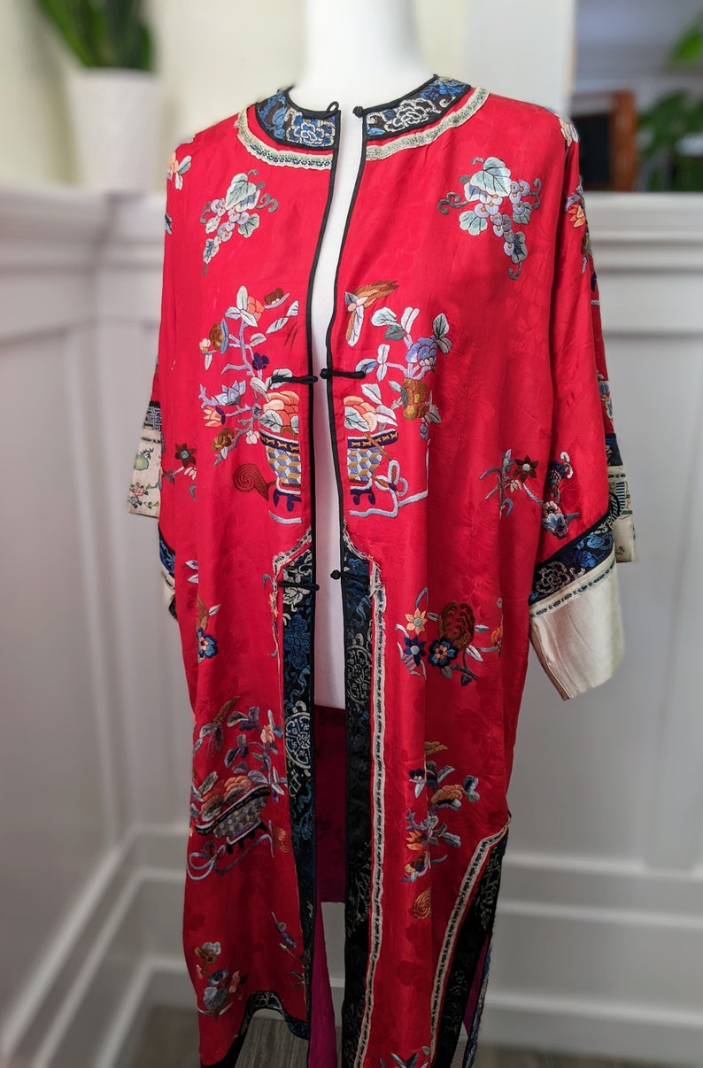 Antique Qing Dynasty Embroidered Silk Robe: Red Floral Chinese Robe ...