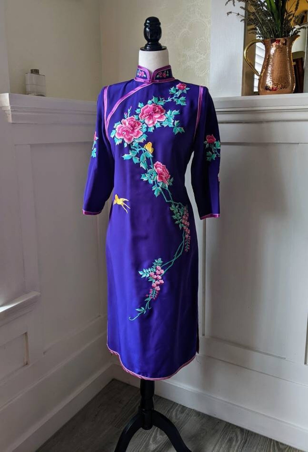 90's Vintage Embroidered Cheongsam Dress Size XS - Etsy