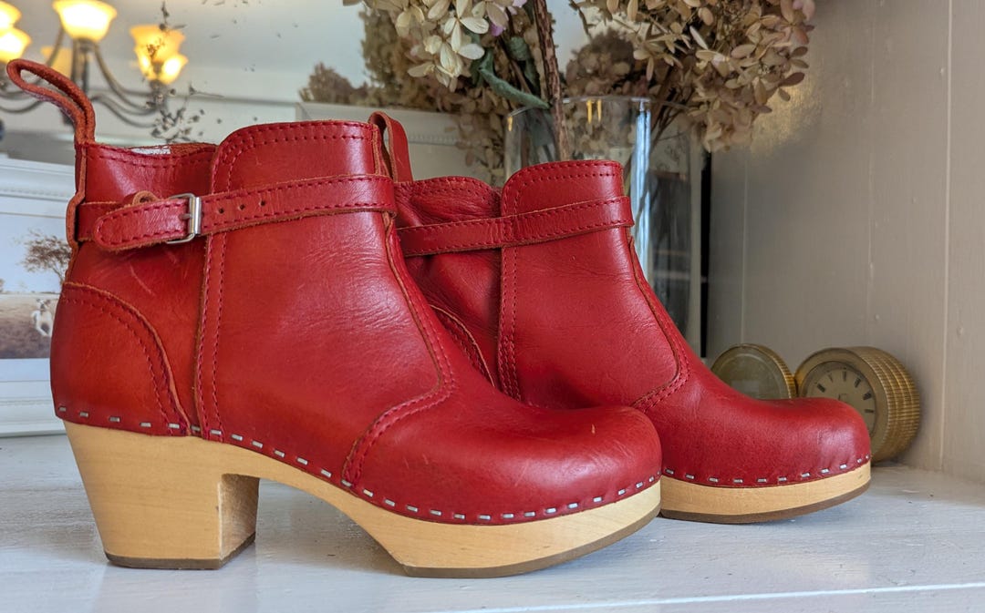 Vintage Swedish Hasbeens Red Leather Booties Size 39, High Heeled ...