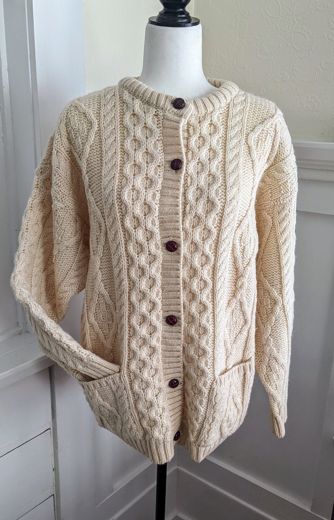 Vintage Aran Cardigan, Irish Cable Sweater by Thomas Keeling Size L - Etsy