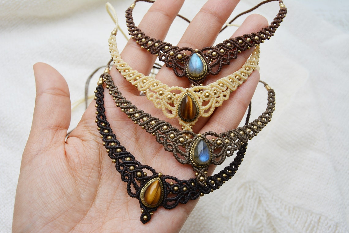 Collier macramé avec pierres fines Labradorite et Oeil de - Etsy France