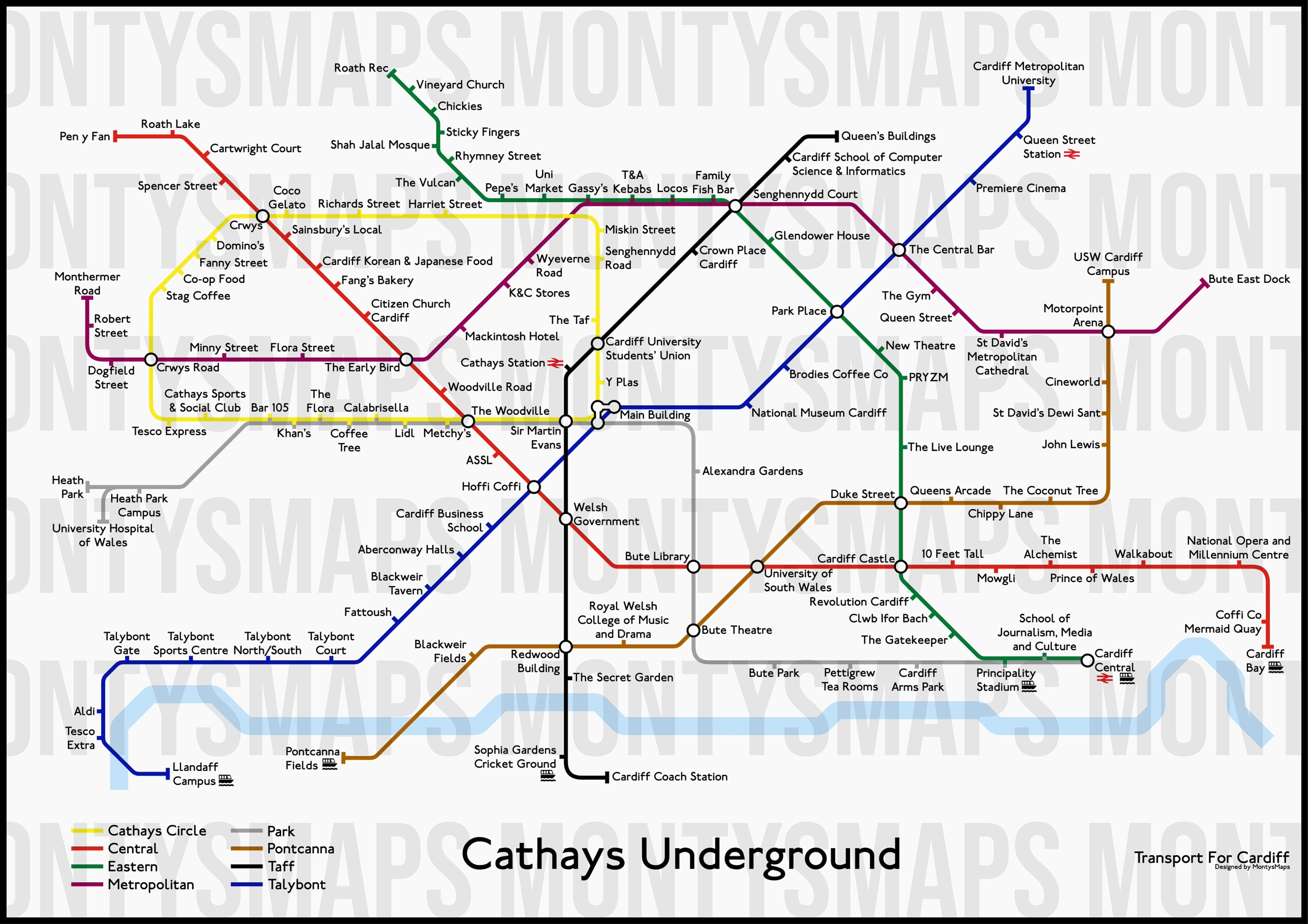 Cardiff Cathays Underground Map - Etsy UK
