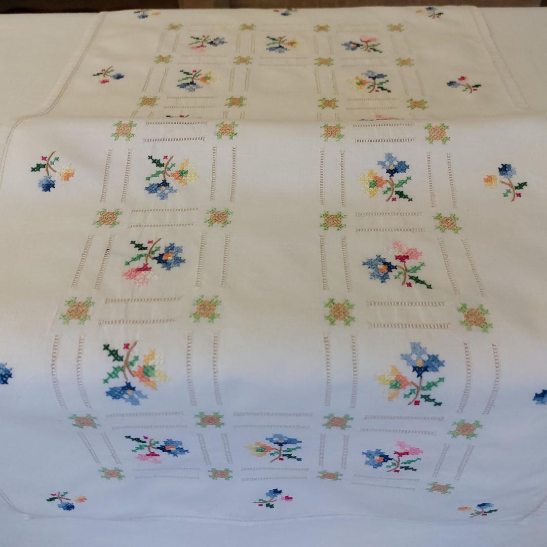 Scandinavian Hand Embroidered Floral Table Topper, Floral Cross Stitch ...