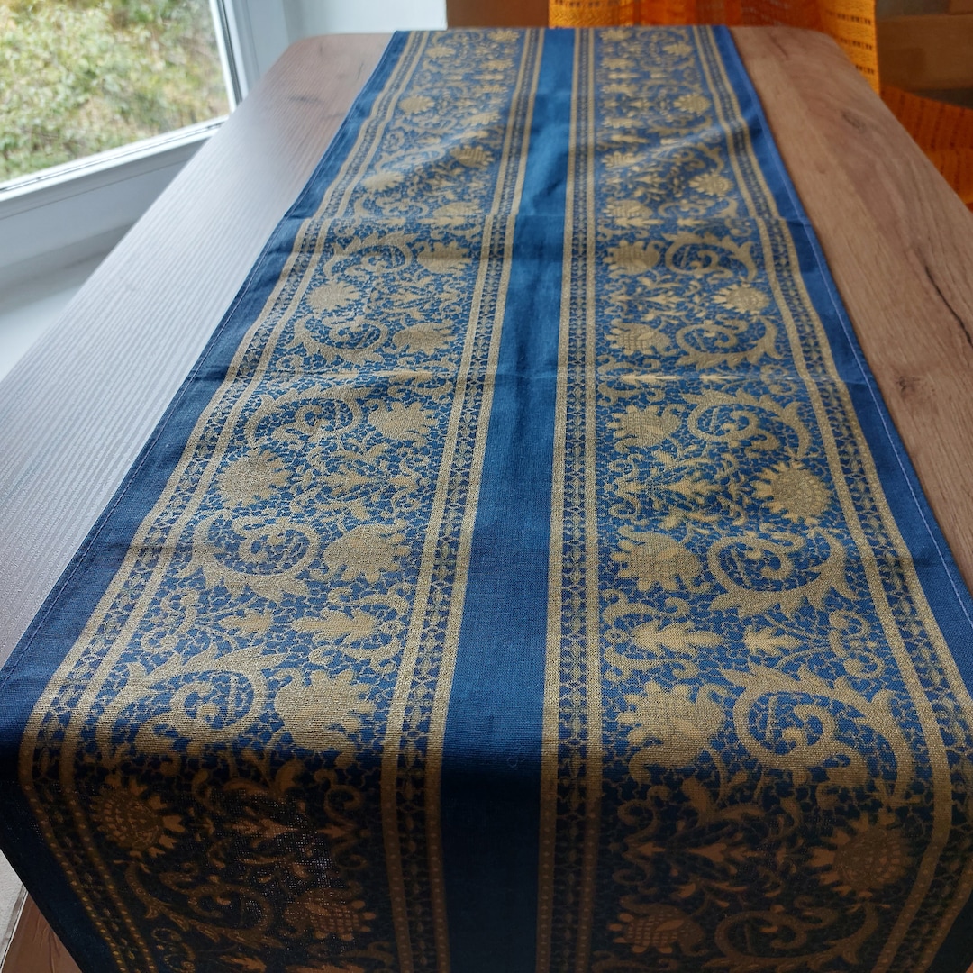 Vintage Decorative Blue Mustard Colors Printed Cotton Table Runner ...