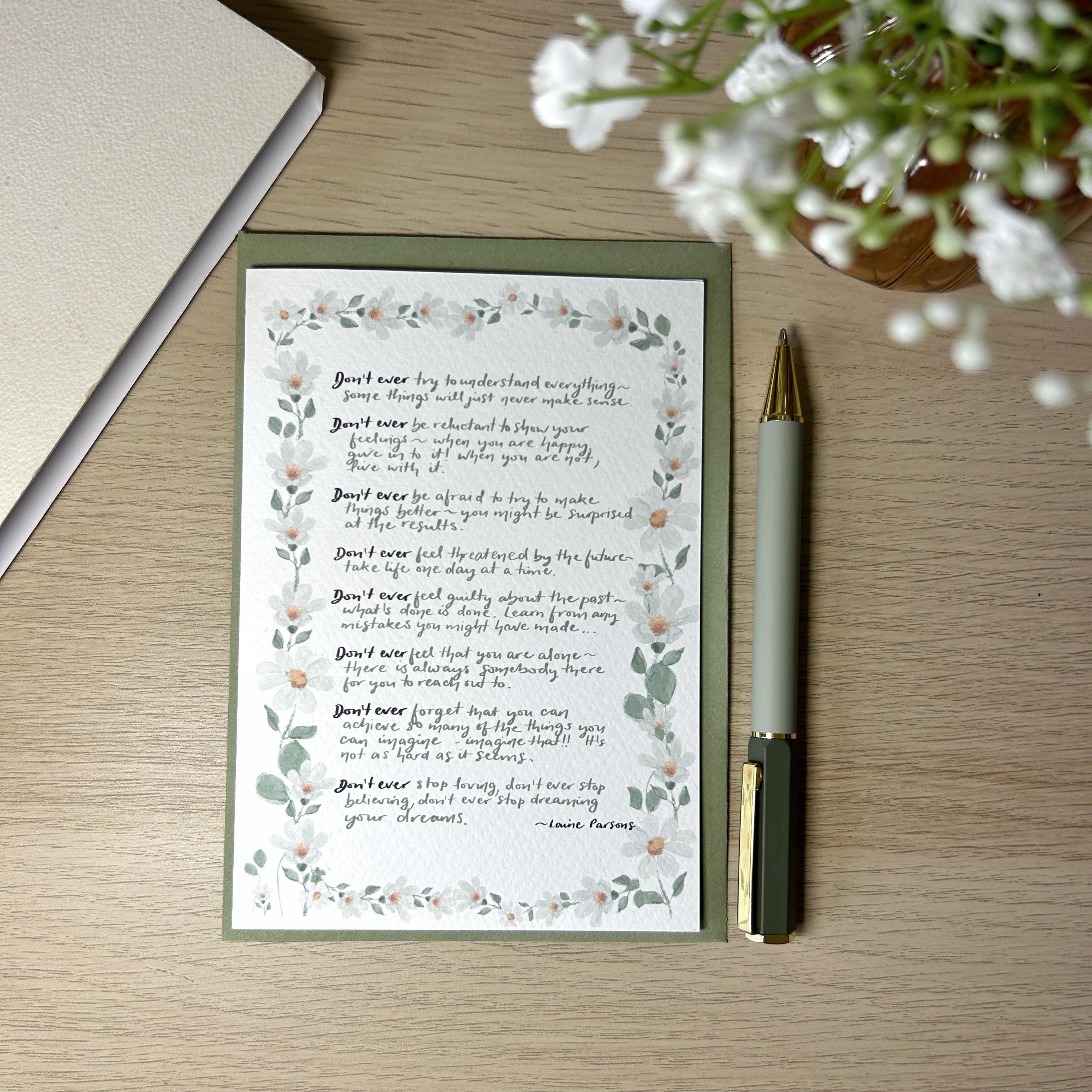 Hand-lettered 'don't Ever' Poem Card: Encouragement Gift - Etsy