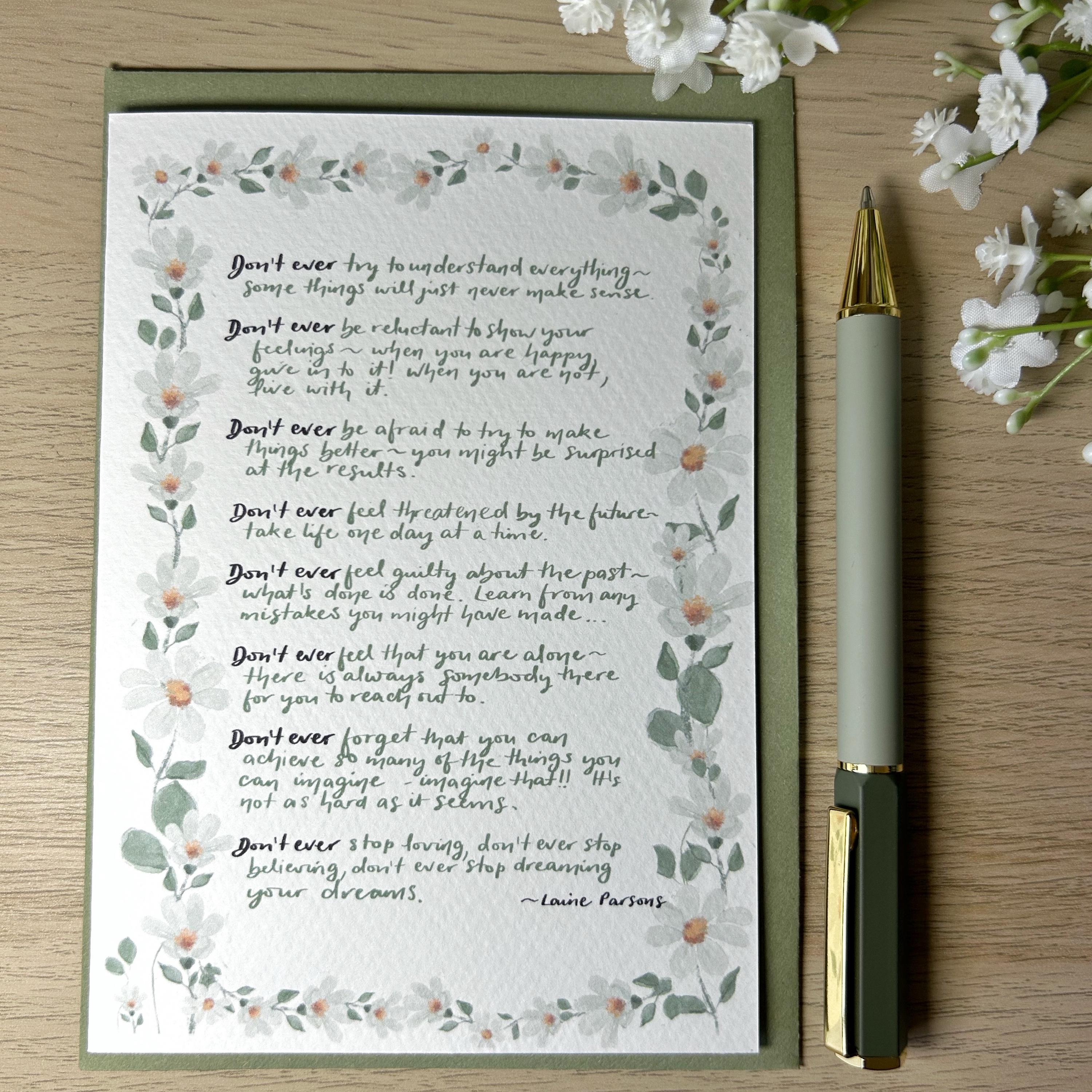 Hand-lettered 'don't Ever' Poem Card: Encouragement Gift - Etsy