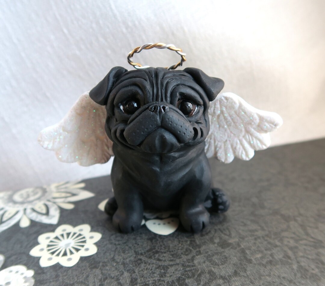 Black Pug With Angel Wings and Halo Handmade Furever Clay Resin Cast ...