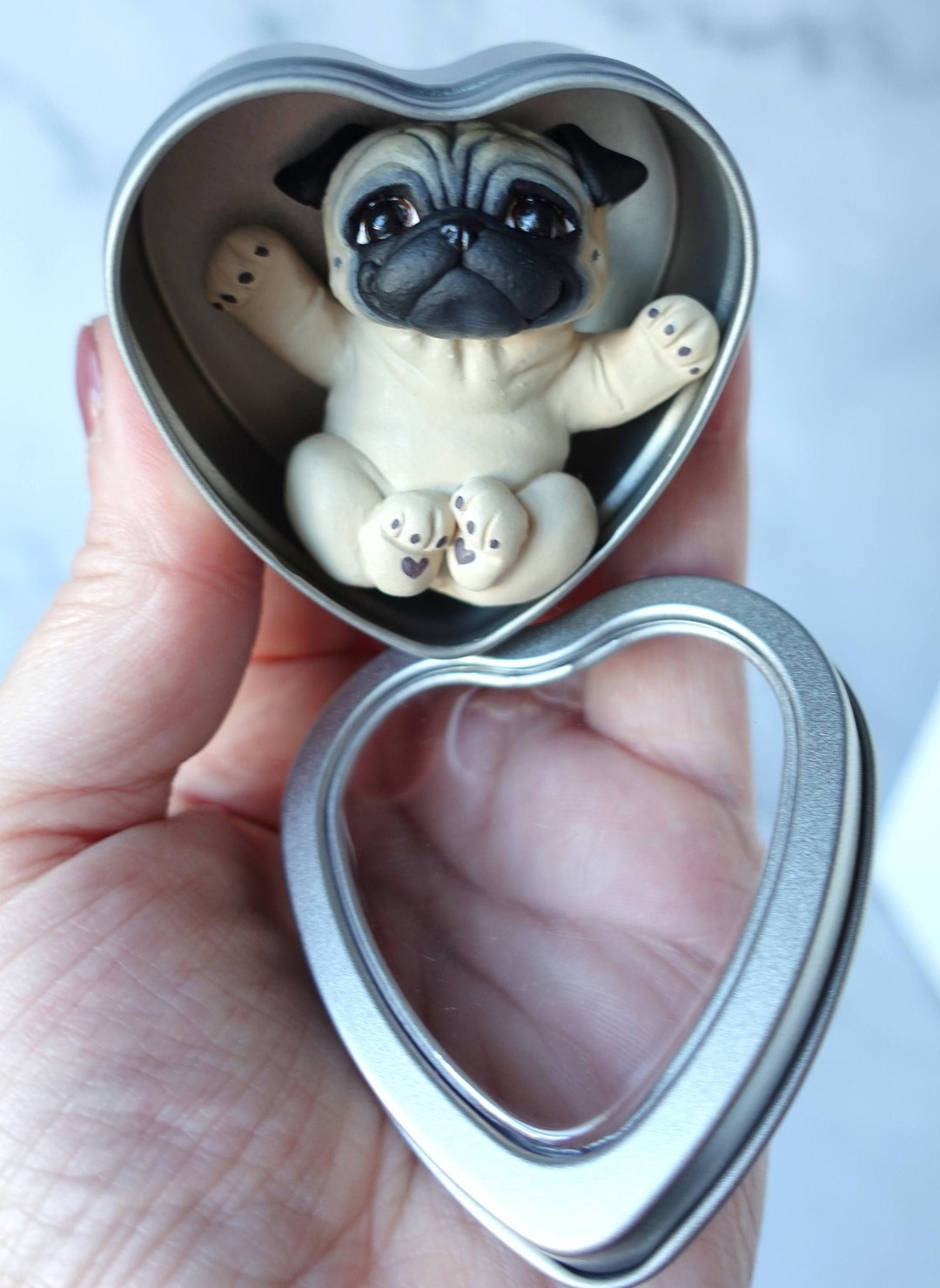 Fawn Pug Pocket Hug in a Heart Tin Handmade Furever Clay Resin Pug Mini ...