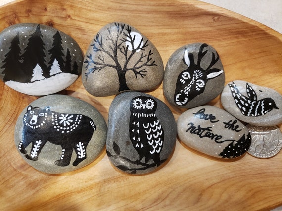 Set of 7 Hand Painted Stones Nature Art style 2 Rock | Etsy