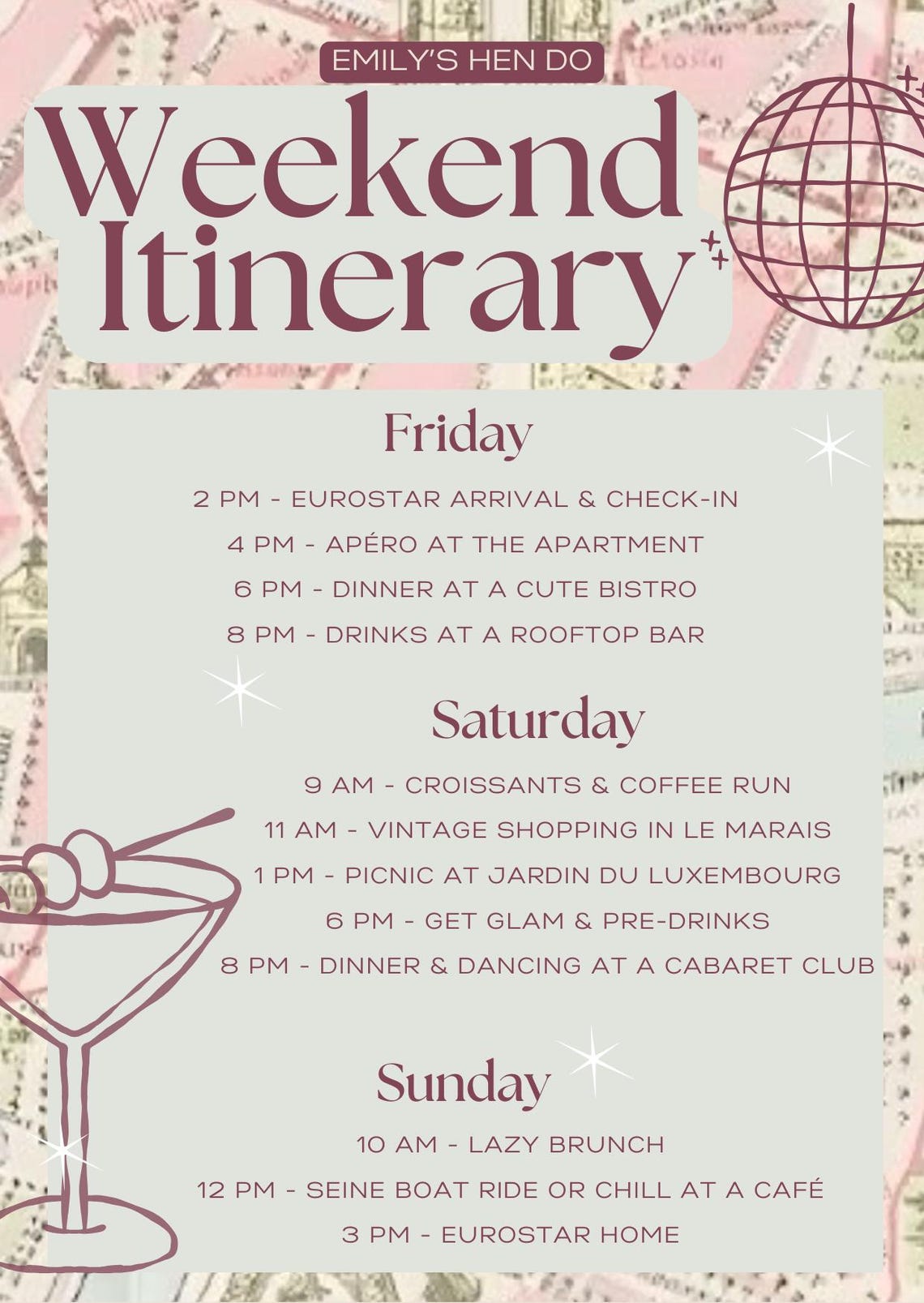 Paris Hen Do Itinerary Invitation: Editable Weekend Schedule (canva ...
