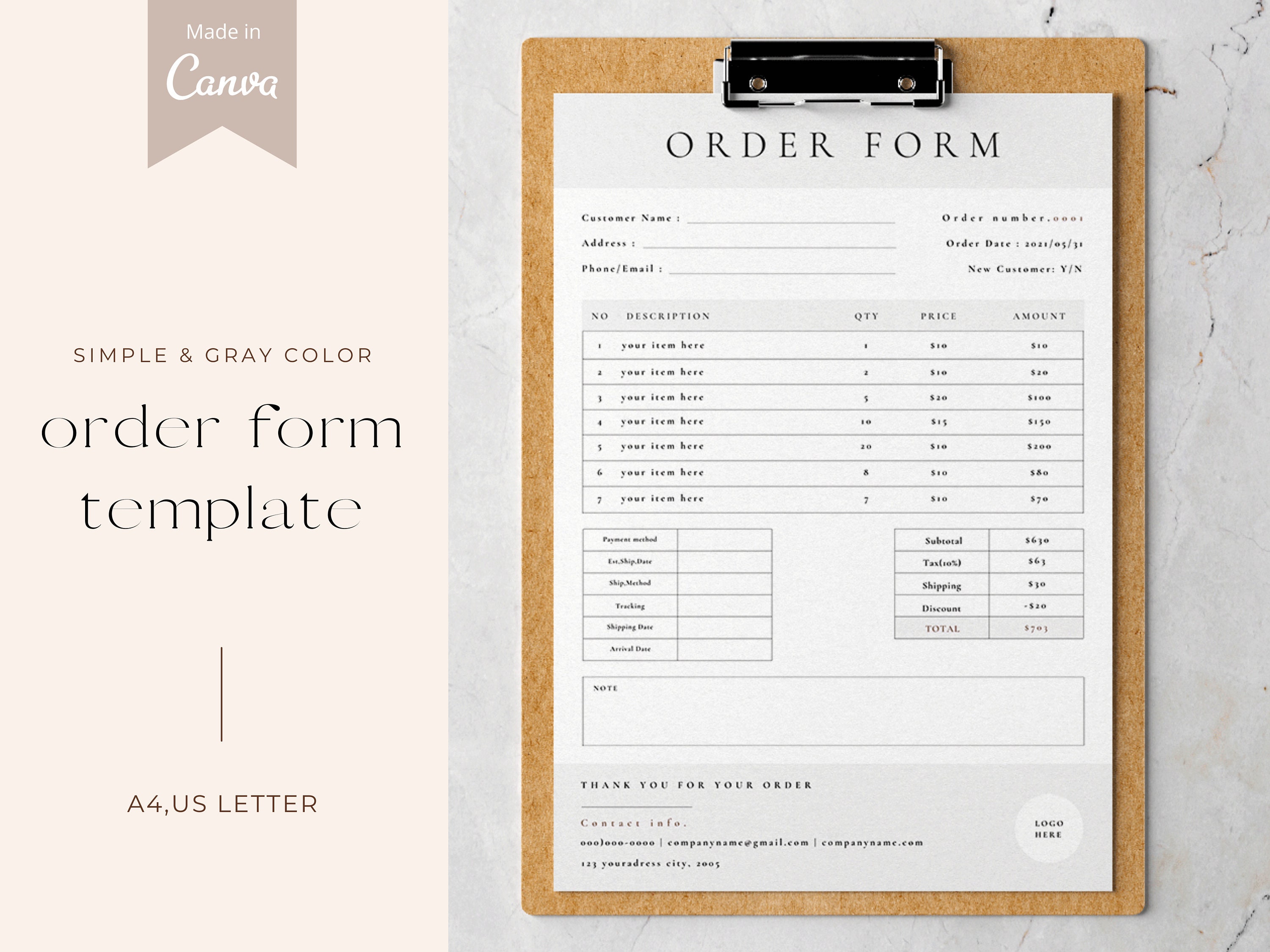 Simple Gray Order Form Canva Template Editable Printable | Etsy