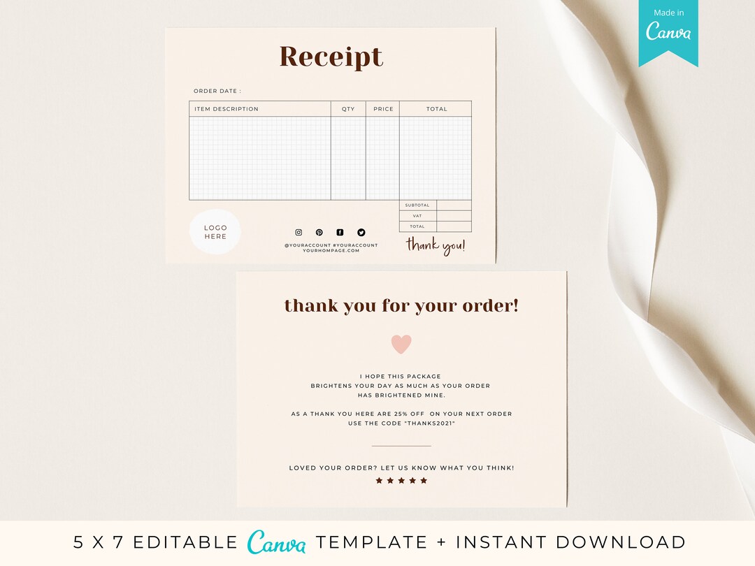 Modern Receipt Template Canva Thank You Card Editable - Etsy