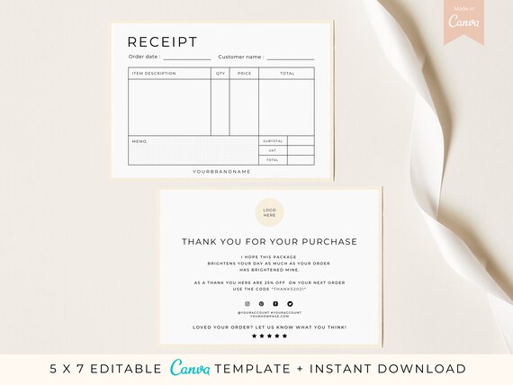Editable Receipt Template for Business Thank You Card Canva - Etsy UK