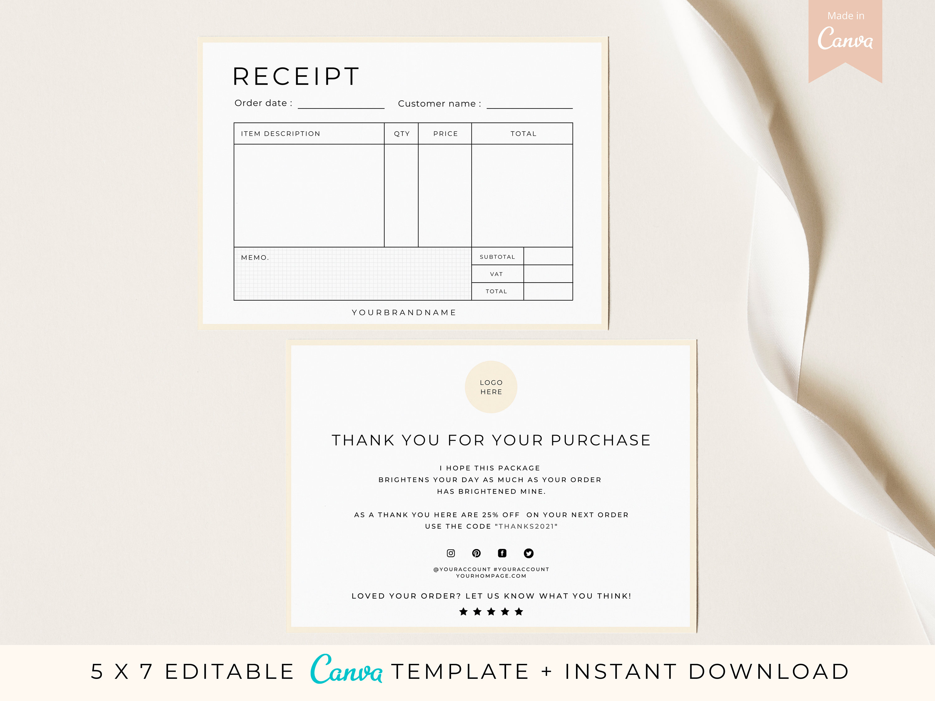 Editable Receipt Template for Business Thank You Card Canva - Etsy UK