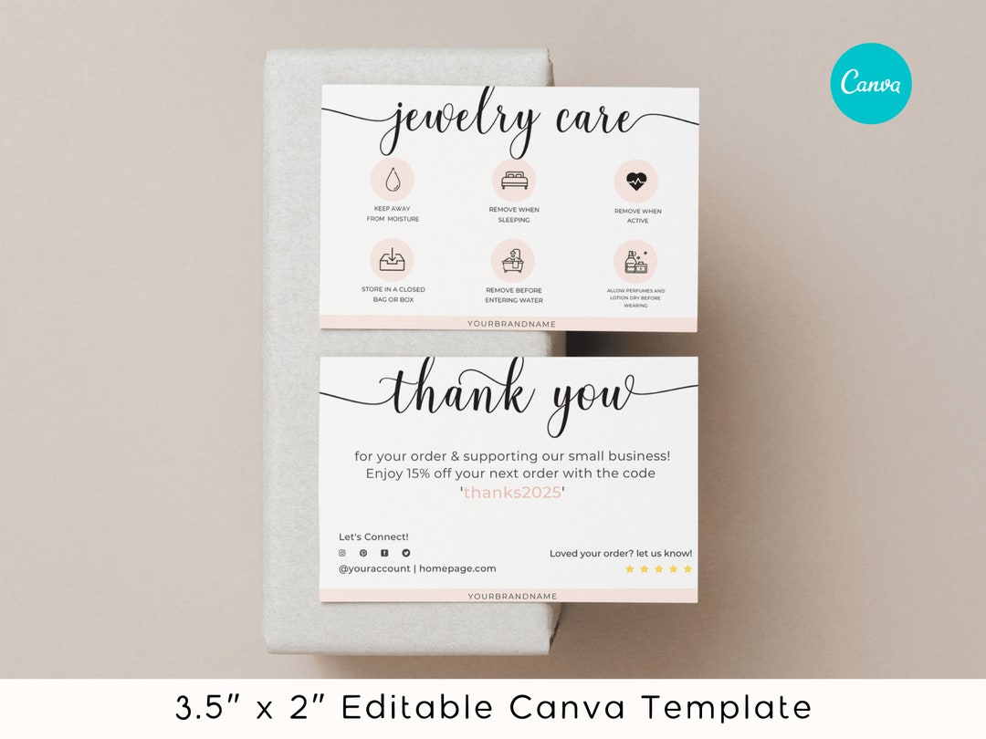 Canva Jewelry Care Instructions Card Template Editable, Printable Thank ...