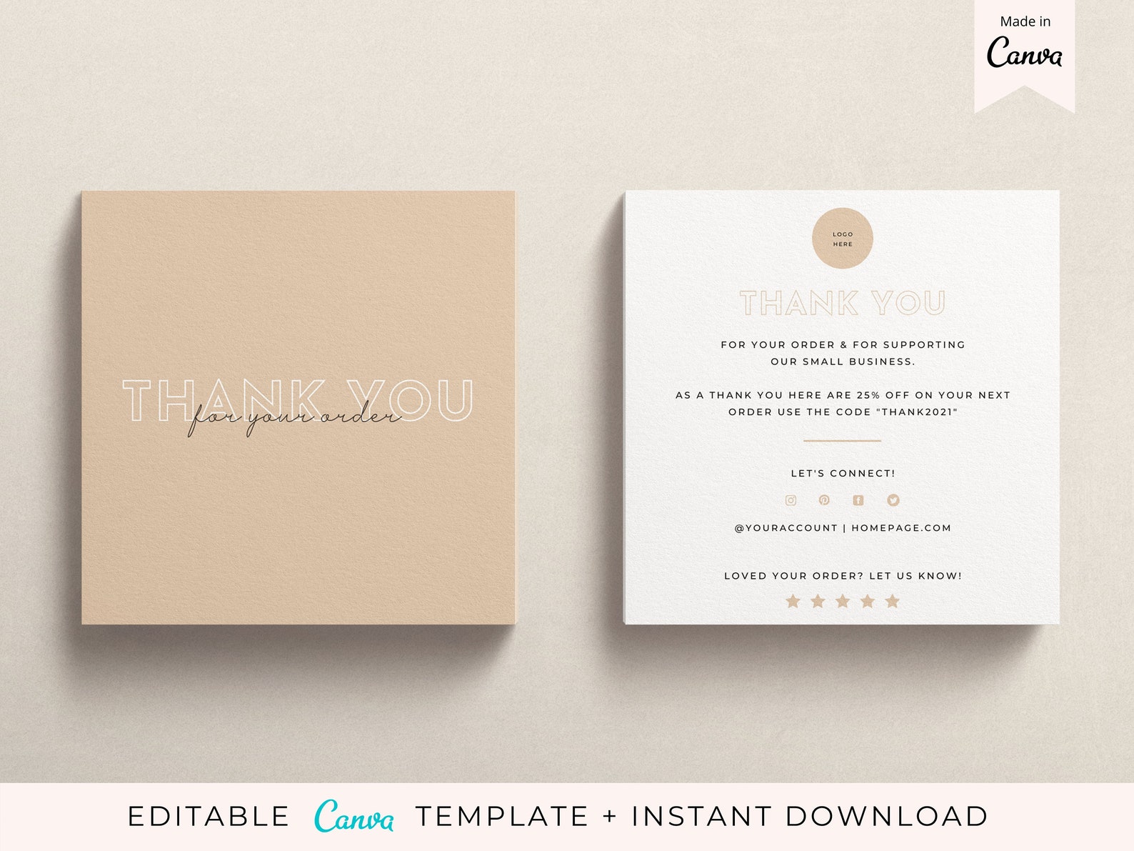 Square Thank You Card Business Template Canva Editable - Etsy
