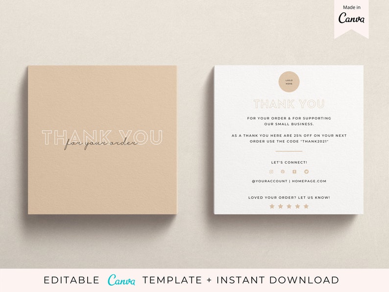 Square Thank You Card Business Template Canva Editable - Etsy