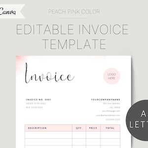 Peach Blush Pink Invoice Template Canva Editable Printable - Etsy Canada