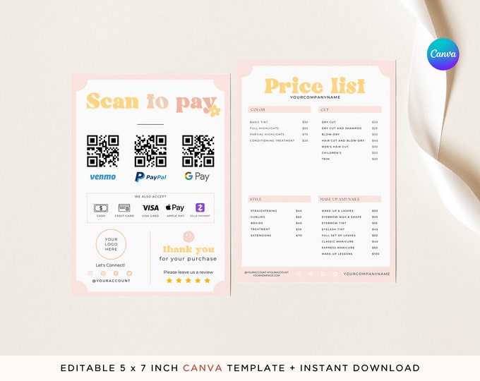SET of 2 Price List & Scan to Pay Template Canva Editable Price Sheet ...