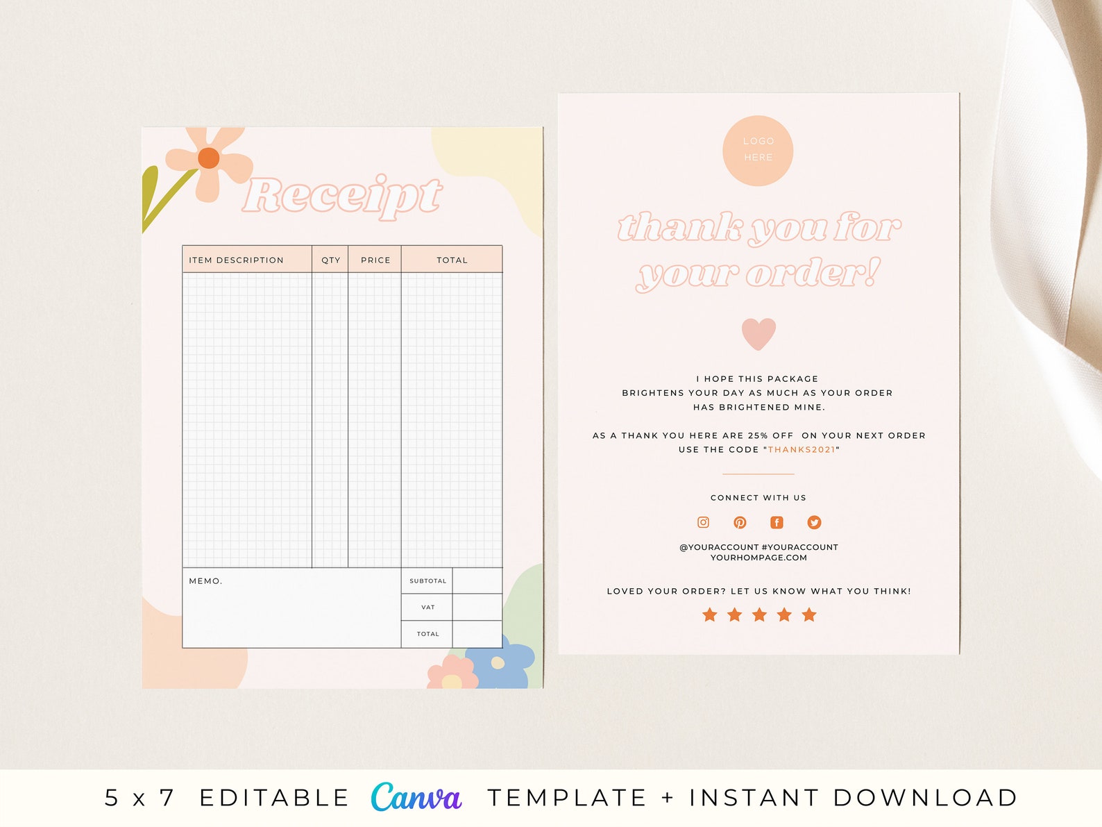 Cute Receipt Template Ediatble Canva Thank You Card - Etsy