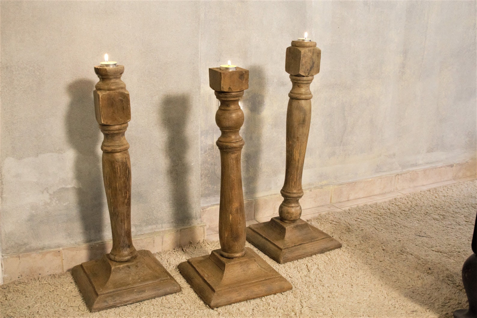 Vintage Baluster Triple Set Tealight and Candle Holder, Beige ...