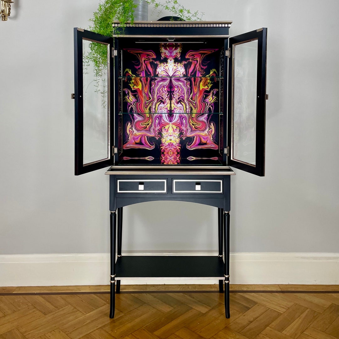 Glamorous Slim Drinks Cabinet Vintage Glass Display Unit Black and Pink ...