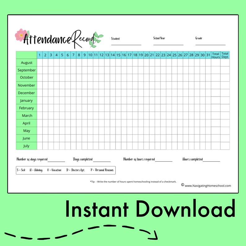 Individual Student Homeschool Attendance Record - Tracker - Sheet - Log ...