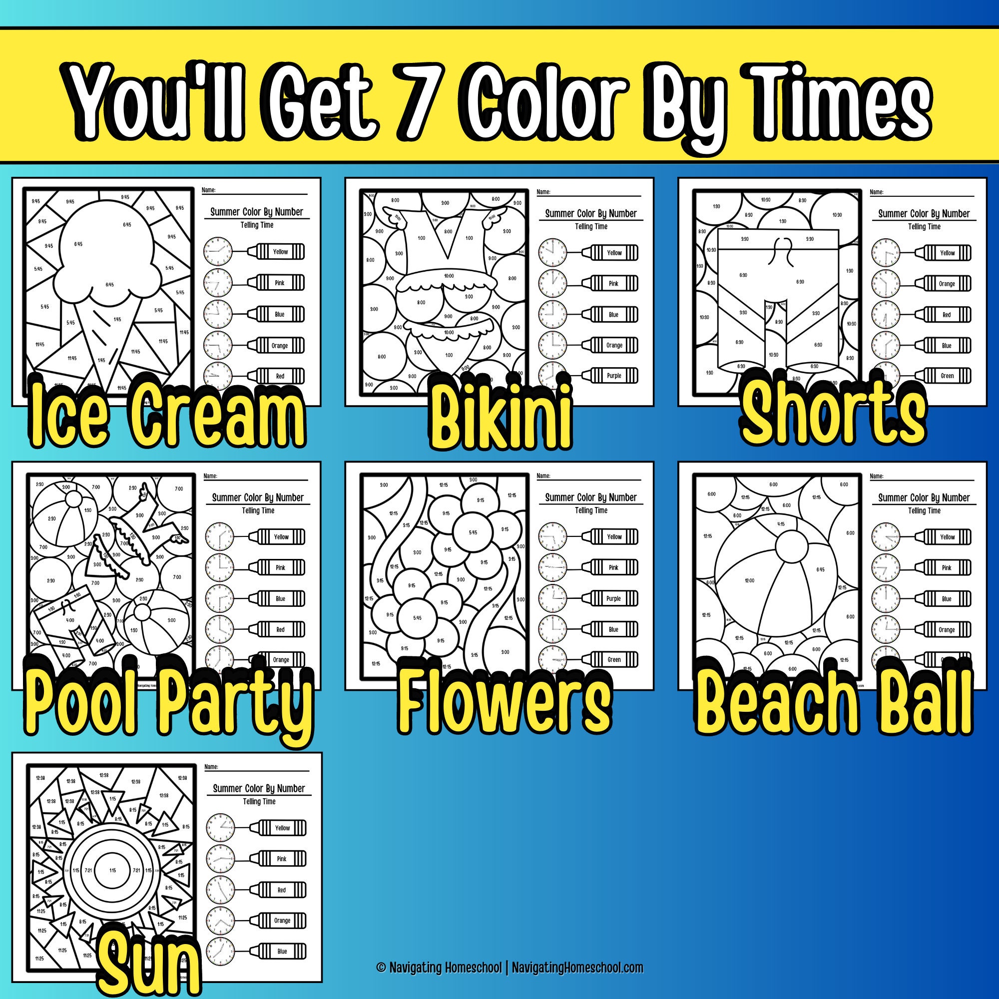 Summer Color by Number Telling Time, Color by Number for Kids, Summer ...