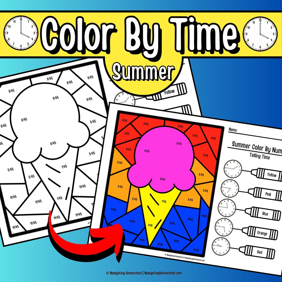 Summer Color by Number Telling Time, Color by Number for Kids, Summer ...