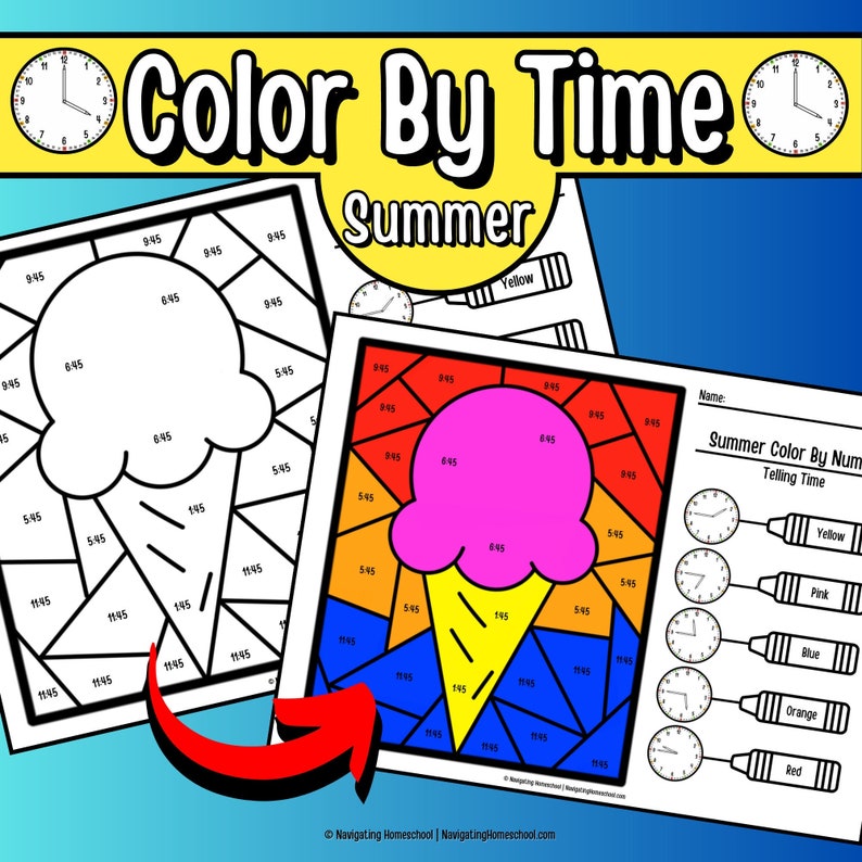 Summer Color by Number Telling Time, Color by Number for Kids, Summer ...