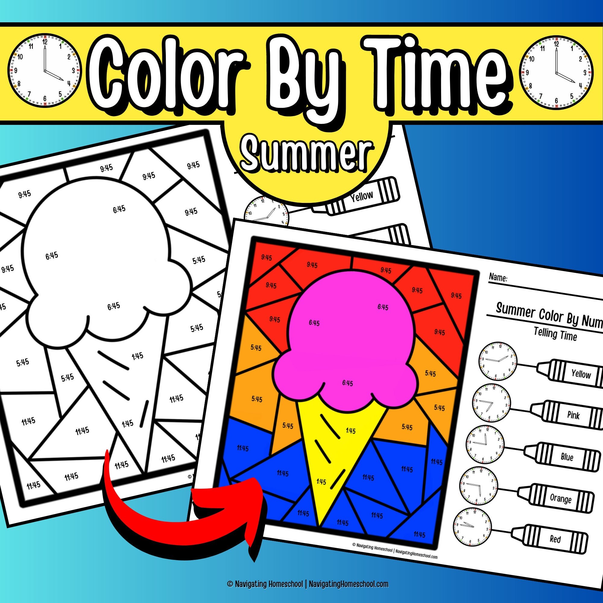 Summer Color by Number Telling Time, Color by Number for Kids, Summer ...