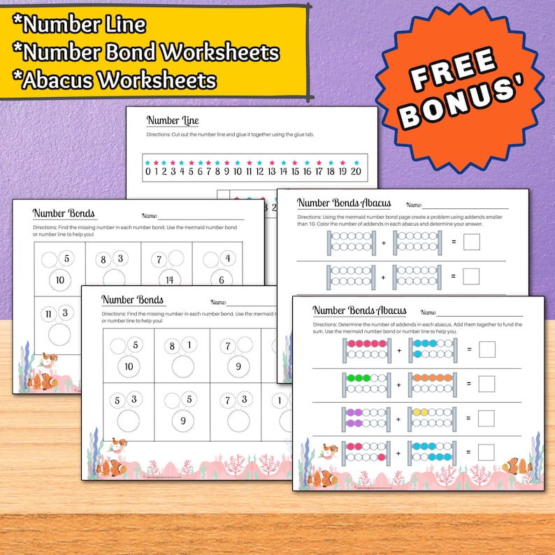 Number Bonds Template With Worksheets for Kids Mermaid Theme - Etsy