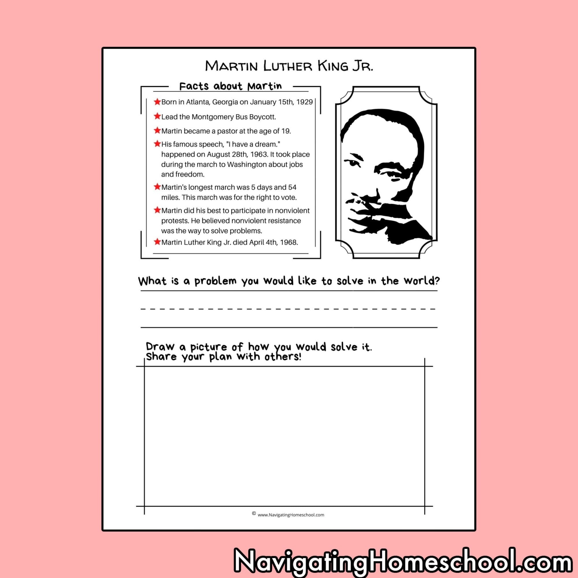 Martin Luther King Jr. Worksheet for Preschool, Kindergarten, First ...